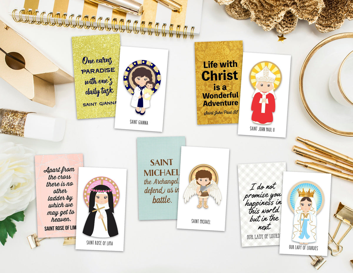 Set of 75 Saint Cards with quotes. Kid Saint Keychain set. First Commu ...